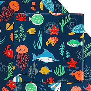 Ocean Birthday Wrapping Paper for Kids Girls Boys, 6 Sheets Under the Water Animal Coastal Design Gift Wrap Paper, 20 x 28 inch Per Sheet Folded Flat Birthday Paper for Kids Girls Boys Baby Shower