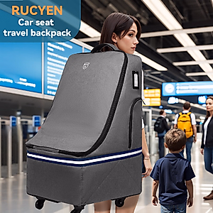RUCYEN Rolling Car Seat Travel Bag, Padded Carseat Travel Backpack for Airplane,Large Durable Travel Bag with 4 Wheels,Adjustable Shoulder Strap and Waterproof Base Dark Grey