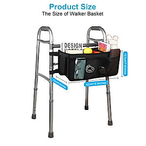 yeloumiss Walker Basket Foldable Walker Storage Bag with Two Split Boards and Six Non-Slip Straps Big Capacity Walker Basket Tote Organizer Never Tipping Over Ideal for Senior, Universal Size (Black)