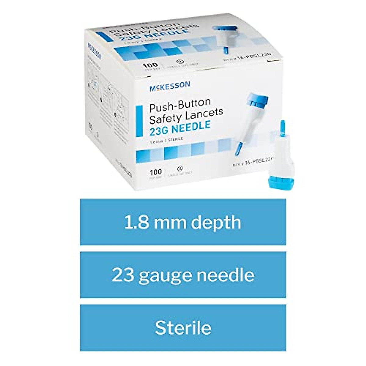 McKesson Safety Lancets, Sterile, Push-Button, 23 Gauge Needle, 1.8 mm, 100 Count, 1 Pack