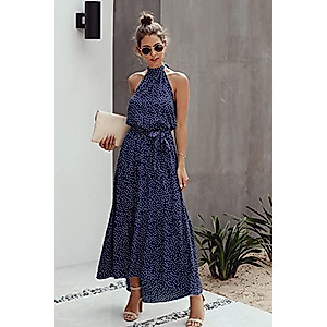 PRETTYGARDEN Women’s Casual Halter Neck Sleeveless Floral Long Maxi Dress Backless Loose Ruffle Sundress with Belt (Navy,X-Large)
