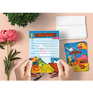 Leigha Marina Under the Sea Party Invitation Cards for Kids, 20 Invites & 20 Envelopes - fill-in-the-blank style Greeting Notes - Multi-Use, Birthday, Themed Celebration