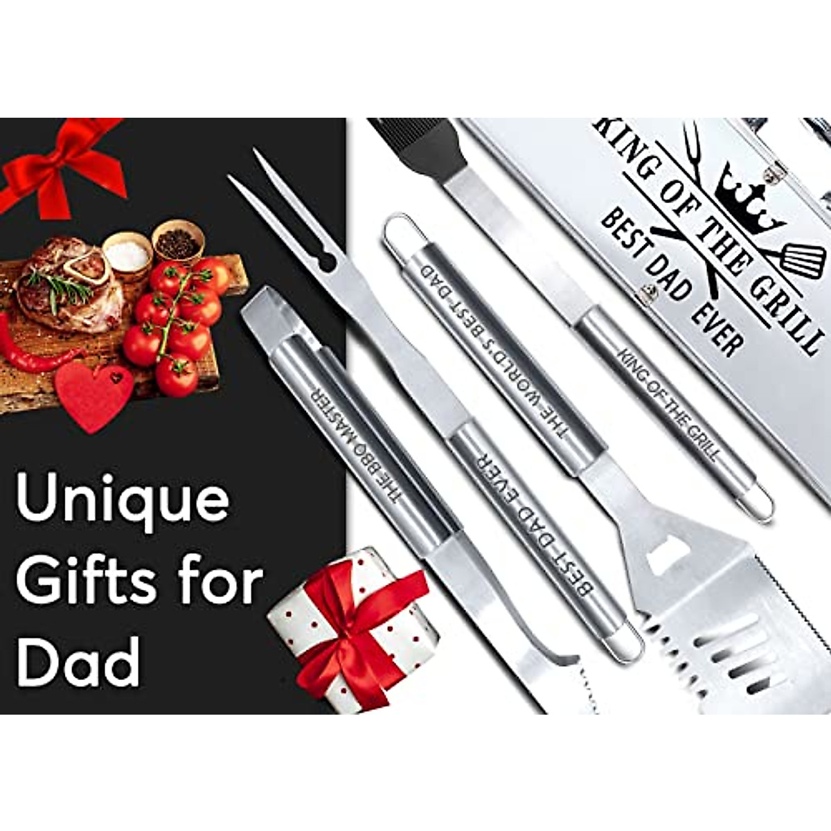 Birthday Gifts for Dad, Cool Bbq Grill Gift for Men Christmas Retirement Congratulations Get Well Soon, Unique Dad Gift from Daughter Son Kids, Gift for Men Stainless Steel Metal Tool Heavy Duty Set 4