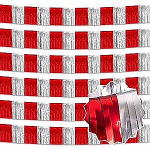 6 Pack 10 Feet Red and Silver Tinsel Foil Fringe Garland, Metallic Streamers Banner Wall Hanging Garland for Parade Floats, Graduation, Birthday, Baby Shower, Disco, Celebration Party Decoration