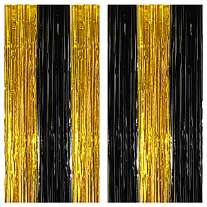 KatchOn, Xtralarge Black and Gold Streamers - 8x3.2 Feet, Pack of 2 | Black and Gold Fringe Curtain for Black and Gold Party Decorations | Black and Gold Backdrop, Graduation Decorations 2024