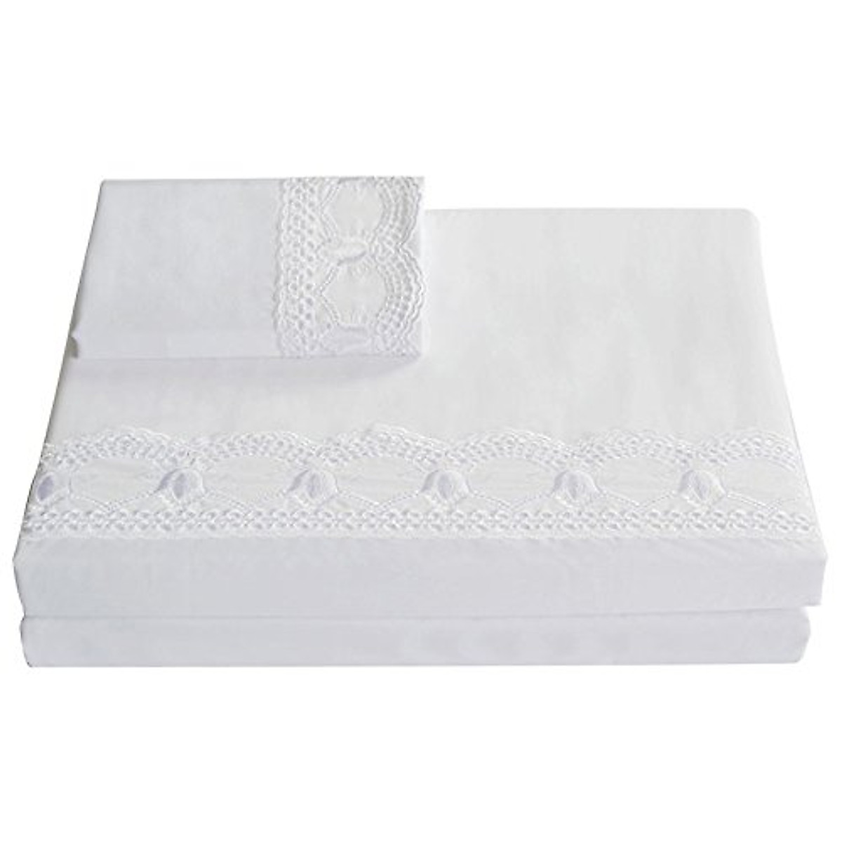 Merryfeel Cotton Bed Sheet Set,100% Cotton Sateen 300 Thread Count Embroidered Lace Sheet Set,Deep Pocket,4 Pieces,5-Star Hotel Collection- Queen White