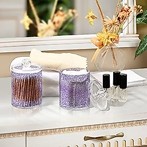 Purple Glitter Qtip Holder Dispenser Girly Bling Bathroom Canister Storage Organization 4 Pack Clear Plastic Apothecary Jars with Lids Vanity Makeup Organizer For Cotton Swab Ball Floss