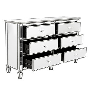 SOFTSEA Modern 6 Drawer Mirrored Dresser, Glass Dresser & Chest of Drawers for Bedroom, Silver Finished Storage Cabinet with Crystal Knobs, Easy Assembly
