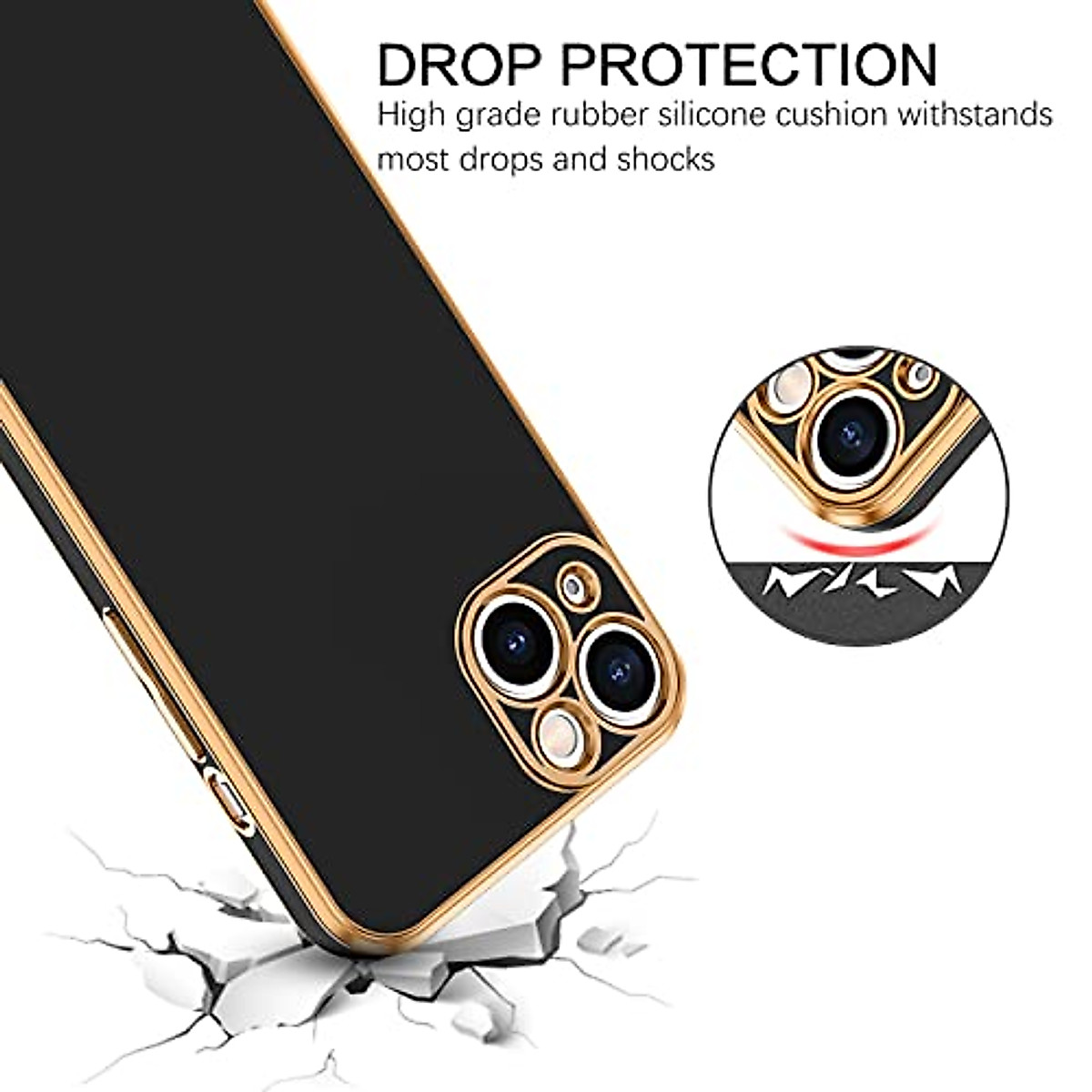 BENTOBEN Compatible with iPhone 13 Case, Slim Luxury Electroplated Bumper Women Men Girl Protective Soft Case Cover with Strap for iPhone 13 6.1 inch,Black/Gold