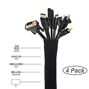 [4 Pack] JOTO Cable Management Sleeve, 19-20 Inch Cord Organizer System with Zipper for TV Computer Office Home Entertainment, Flexible Cable Sleeve Wrap Cover Wire Hider System -Black