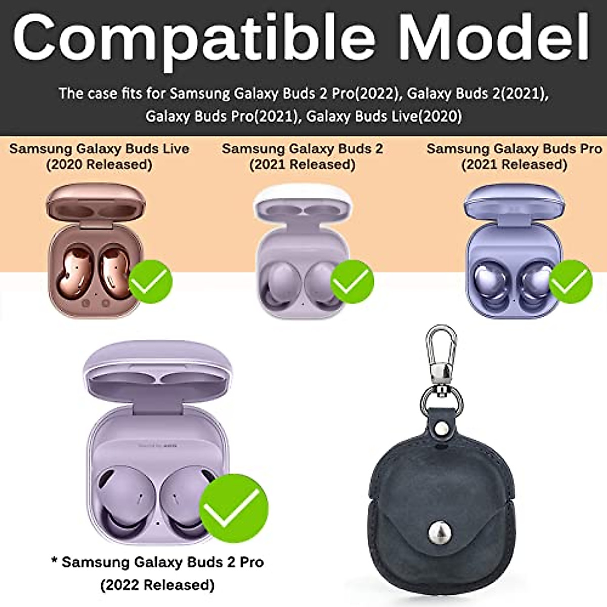 Miimall Leather Case Compatible for Samsung Galaxy Buds 2 Pro/Galaxy Buds Pro/Galaxy Buds 2 / Galaxy Buds Live, Full Protective Bumper with Keychain for Galaxy Buds 2 Pro(Blue)