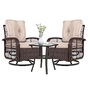 Aoxun 3 Pieces Outdoor Swivel Rocker Chair Set of 2 with Side Table Wicker Rattan Patio Furniture Set Outdoor Rocking Chair Set for Backyard, Balcony, Deck (3 Piece, Beige)