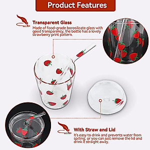 Agatige 300ml Glass Water Cup with Straw and Lid, Cute Strawberry Mug Glass Milk Bottle Water Juice Smoothie Drinking Cup for Home Office School