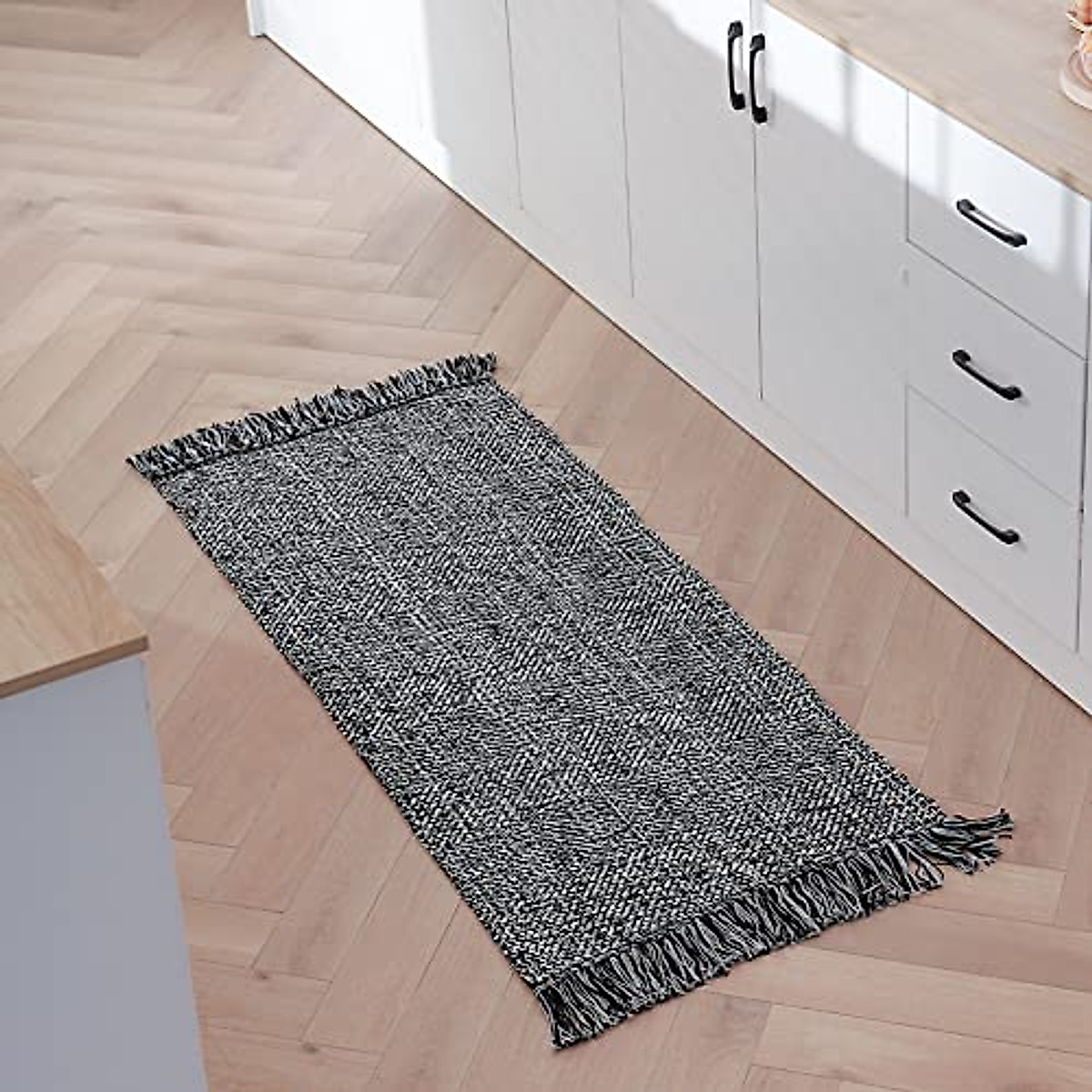Boho Kitchen Runner Rug 2x4.3, 100% Cotton Hand-Woven Washable Rug with Tassels Modern Farmhouse Bathroom Rug for Bedroom Laundry Kitchen Hallway Entryway, Black