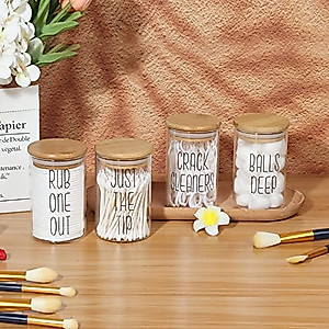 4 Pack Qtip Holder Glass Dispenser with Bamboo Lids for Bathroom Organization, Apothecary Jars for Cotton Ball Holder and Bathroom Canister Storage Great for Cotton Swabs, Balls, Floss, Bathroom Décor