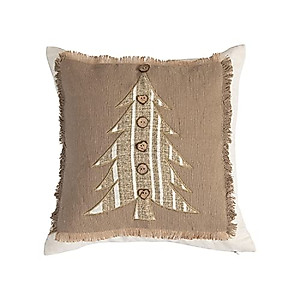 Creative Co-Op Jute and Cotton Pillow with Embroidered Christmas Tree
