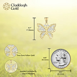 Animal Kingdom Two Tone 10K White and Yellow Gold 3/4" Openwork Filigree Milgrain Sparkle Cut Butterfly Charm - Pendant Only