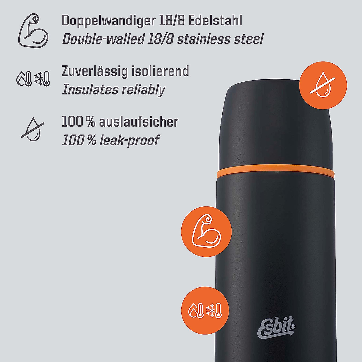 Esbit Stainless Steel Vacuum Flask with Double-Wall Insulation and Drinking Mug Lid - 0.5 Liter