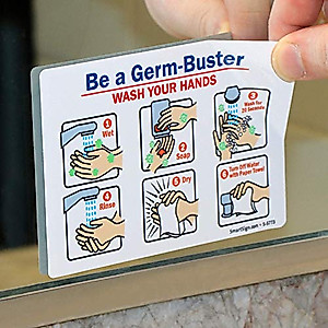 SmartSign “Be A Germ-Buster - Wash Your Hands" Hand Washing Label | 3.5" x 5" Laminated Vinyl Sticker, Pack of 4