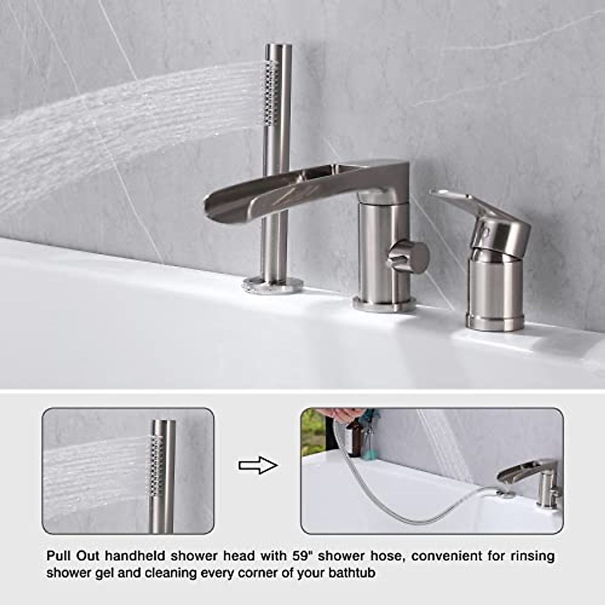 TapLong Waterfall Roman Tub Faucet with Hand Shower, Widespread Deck Mount Bathtub Faucet with Sprayer, Single-Handle 3-Holes Bathtub Shower Faucet Set in Brushed Nickel, 03119BN