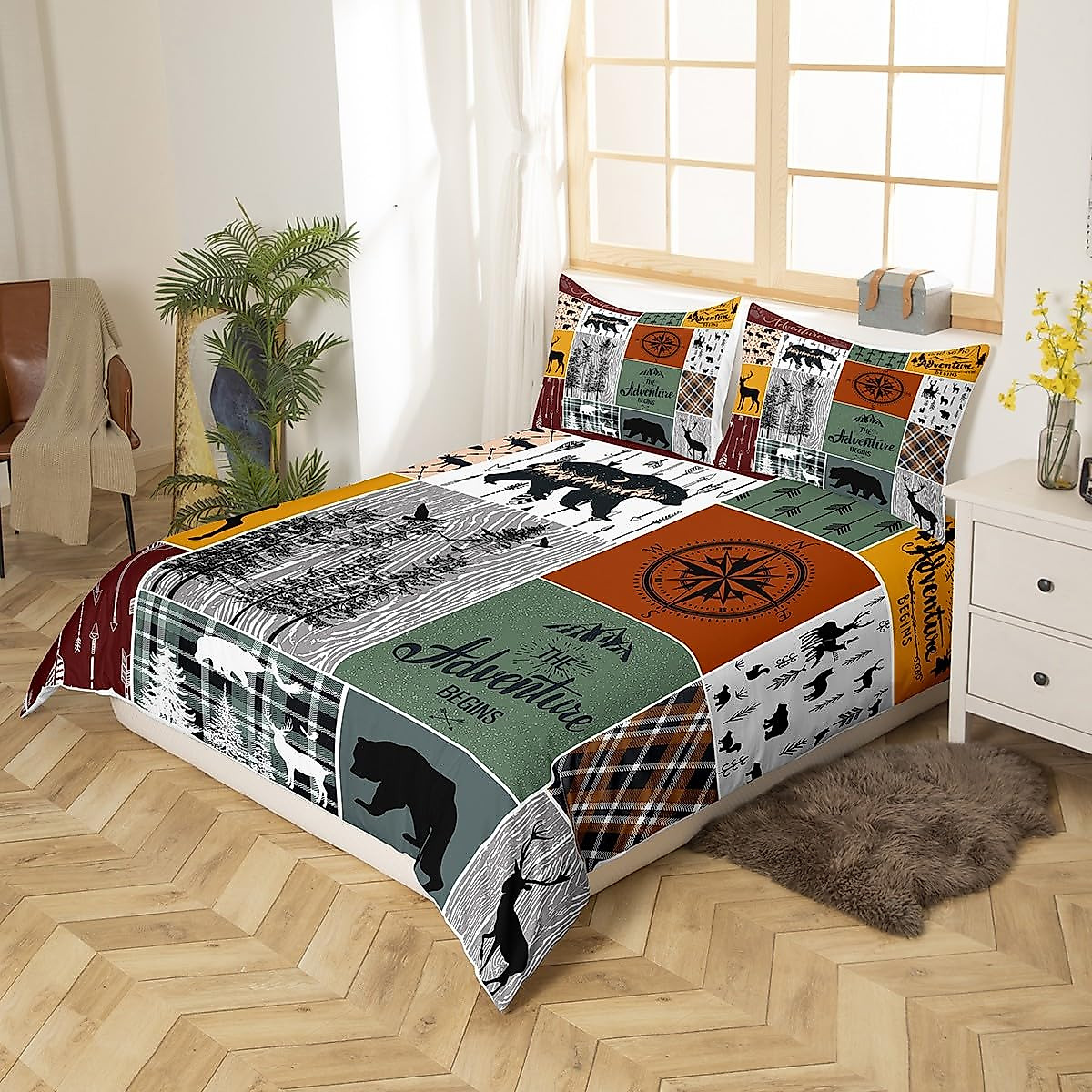 Cabin Retro Rustic Lodge Duvet Cover, Bear Deer Country Bedding Set Twin, Hunting Wild Animal Comforter Cover Plaid Check Adventure Themed Quilt Cover For Kids Boys Teens Adult Men Bedroom Decor