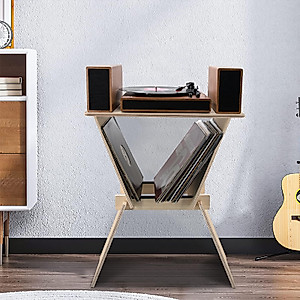 M MUSIC PUBLIC KINGDOM Record Player Stand with Record Storage Shelf, Solid Wood Turntable Stand, Light Wood