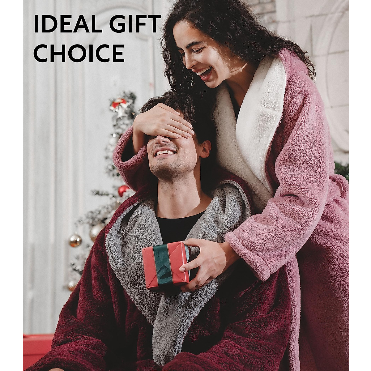 DAVID ARCHY Men's Soft Plush Fleece Robe Full Length Hooded Long Bathrobe for Men with Hood (L, Red- Shu Velveteen)