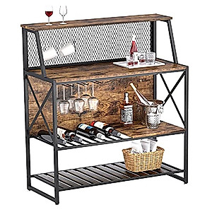 Bestier Bar Table with Storage Coffee Bar Cabinets for Liquor and Glasses, Wine Rack Freestanding Floor with Glass Holder for Home Kitchen Dining Room Basement,Rustic Brown