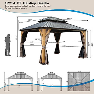 Evedy 12X14 Hardtop Gazebo, Aluminum Frame with Double Mesh Screen, UV Protection, Outdoor Permanent Metal Pavilion with Curtains and Netting for Decks, Gardens, Lawns and Pools
