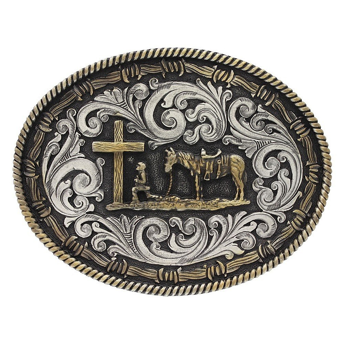 Montana Silversmiths Christian Faith Series Attitude Western Belt Buckle (Rope and Barbed Wire Christian Cowboy - Two-Tone)