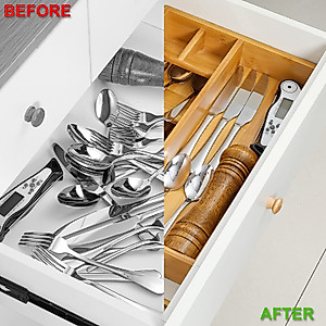 Reviaras Kitchen Drawer Organizer, Bamboo Kitchen Drawer Organizer, Kitchen Drawer Organizer for Silverware