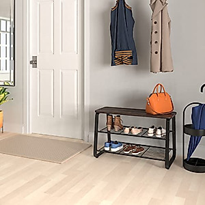 ClosetMaid 3-Tier Shoe Rack Bench - Metal Frame, Wire Shelves, Wood Seat - Entryway, Hallway, Living Room, Mudroom Organizer - Modern Walnut Finish