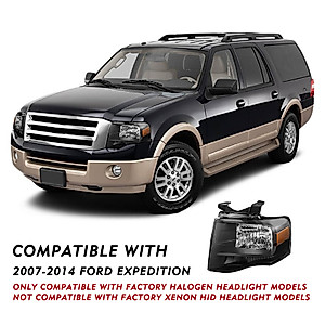TUSDAR Headlights Assembly Set with Bulbs for 2007-2014 Ford Expedition Driver & Passenger Side (Black Housing with Amber Reflector)
