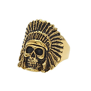 Moca Jewelry Cool Feather Dayak Indian Headdress Punk Skull 18K Gold Plated Hip Hop Stainless Steel Ring for Men Women