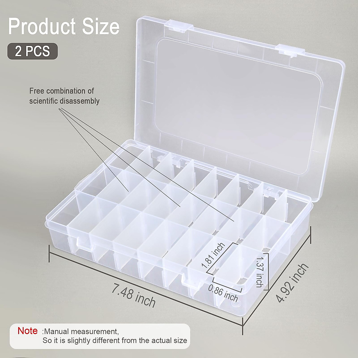 2Pack 24 Grids Craft Organizers and Storage Bead Organizer Tackle Box Organizer with Adjustable Divider, Plastic, Clear