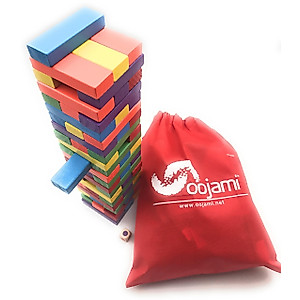 Oojami Wooden Tumbling Timber Toppling Stacking Board Games Building Blocks for Kids - 60 Pieces with Storage Bag Color Match Play Sets for Kids and Families