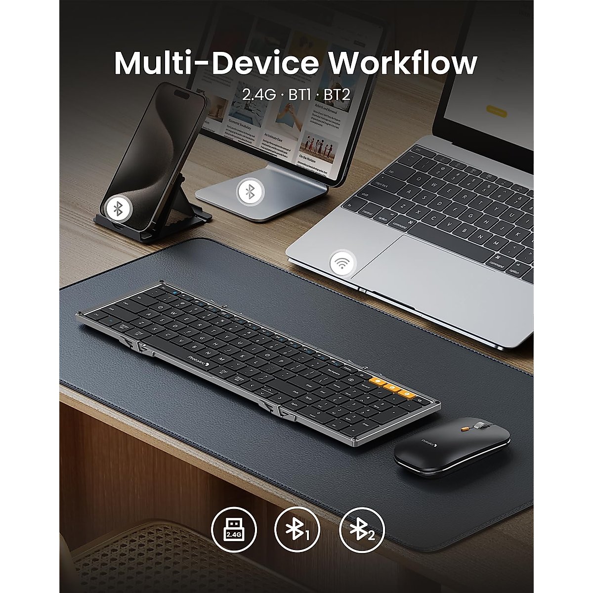 ProtoArc Foldable Keyboard and Mouse, XKM01 True Full-Size Folding Keyboard Mouse Combo for Business and Travel, 2.4G+Dual Bluetooth Portable Mouse Keyboard for Laptop iPads Tablets - Black Gray