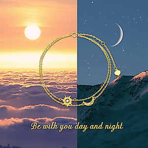 14K Gold Sun and Moon Bracelets for Women Real Yellow Gold Crescent Moon Layered Link Bracelets Christmas/Birthday Gift for Wife Mom Friend Her 7''+1''+1'' inch (Sun Moon)