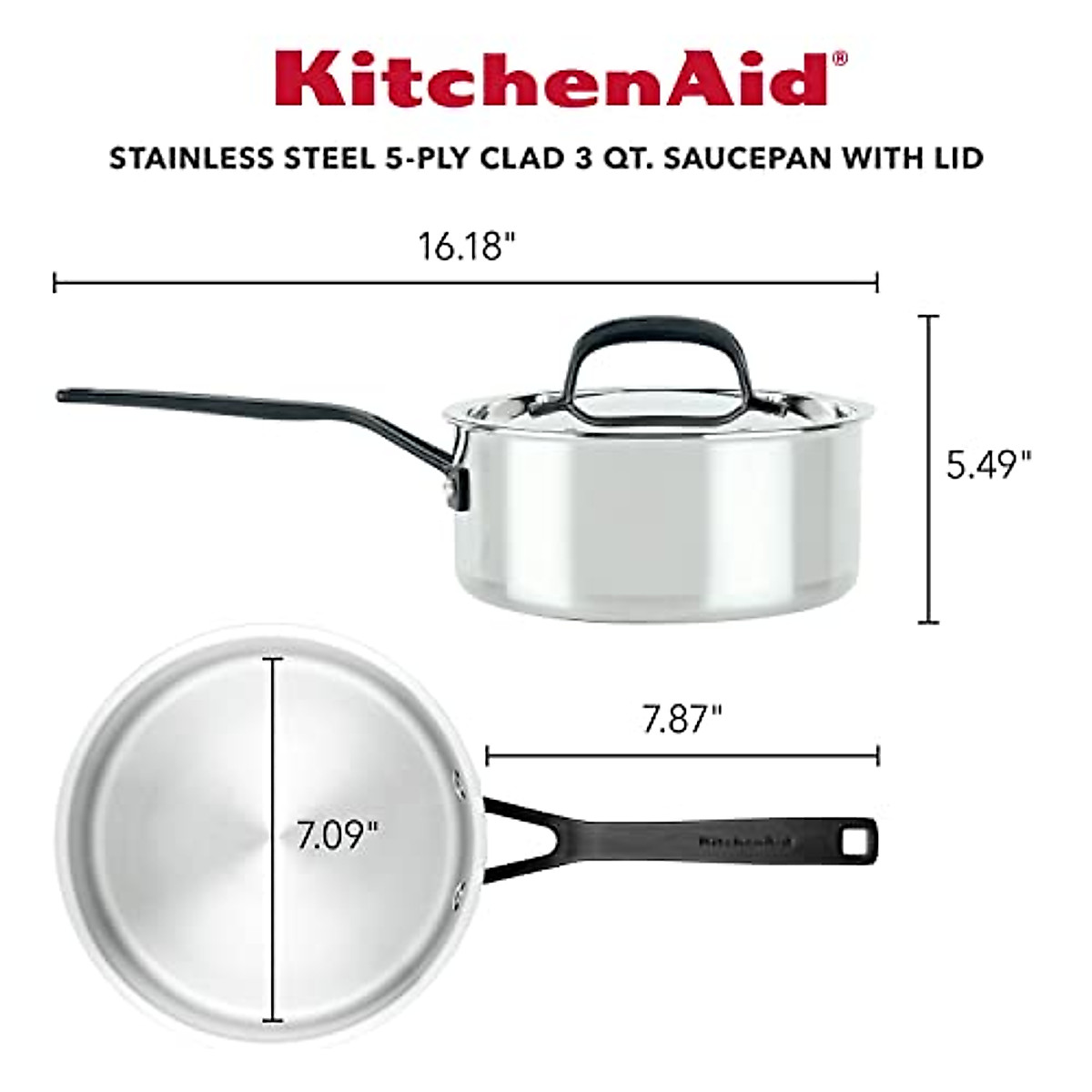 KitchenAid 5-Ply Clad Polished Stainless Steel Saucepan with Lid, 3 Quart