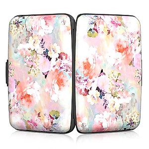 Rimilak Aluminuml Credit Card Holder, Mini Credit Card Wallet RFID Blocking Slim Metal Hard Case for Women Men, Pink Flower