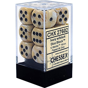 Chessex Dice d6 Sets: Marble Ivory with Black - 16mm Six Sided Die (12) Block of Dice