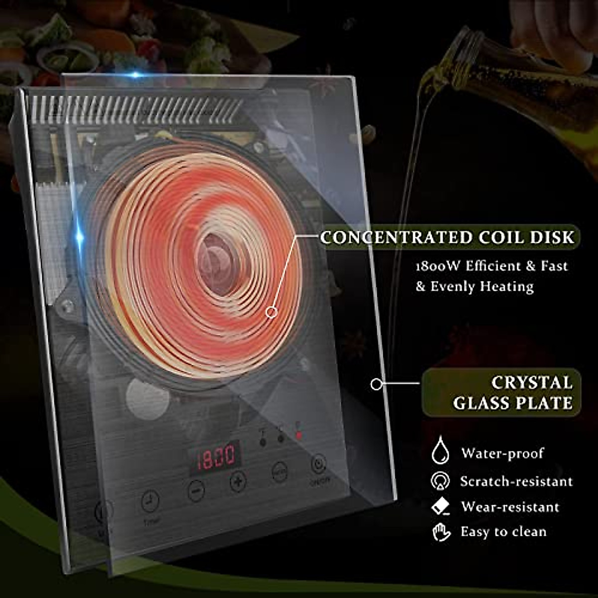 Portable Induction Cooktop, KXITGSIMRE 1800W Electric Induction Burner Cooktop with Child Safty Lock, 17 Power Levels 21 Temperature Setting, 3 Hours Timer
