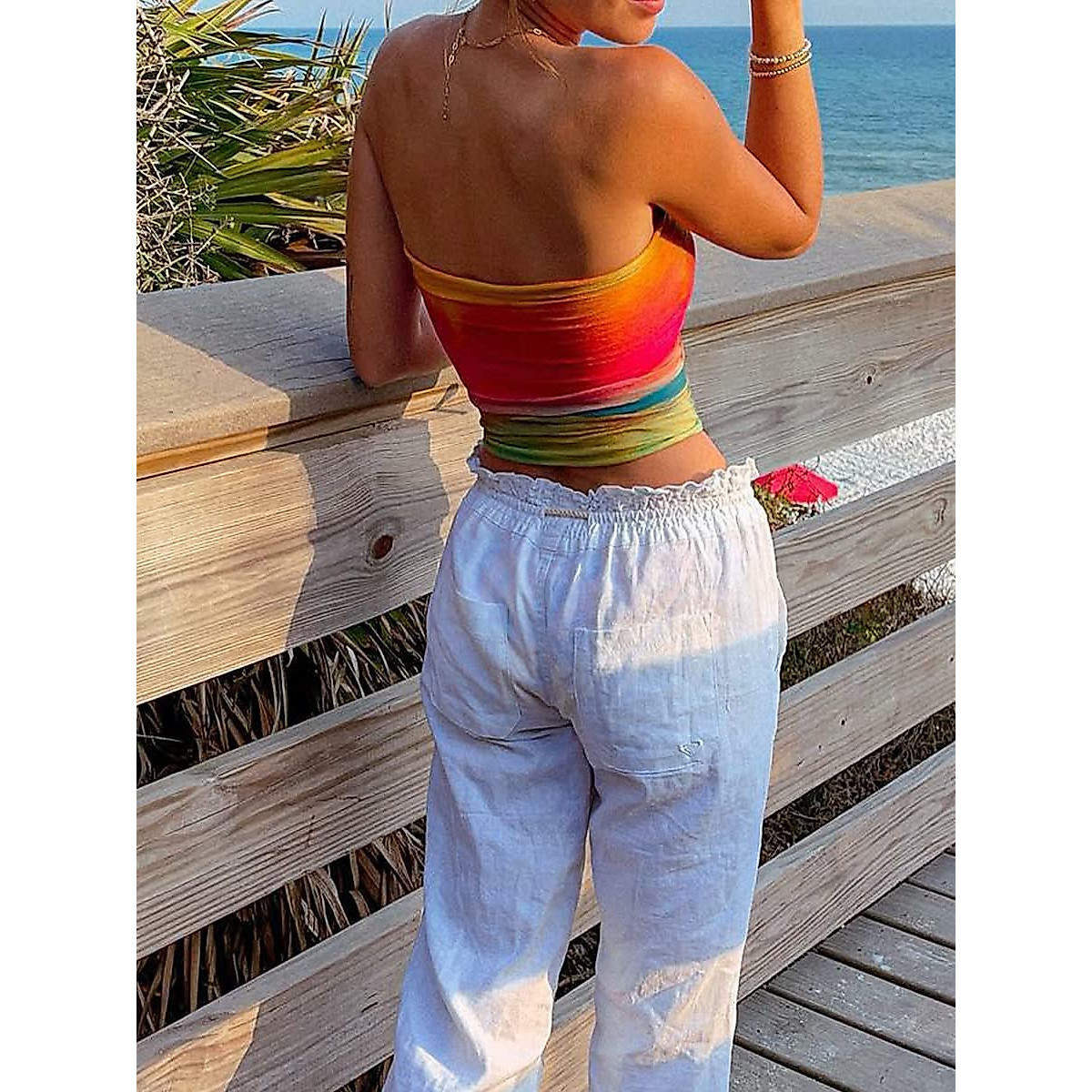 NZNDSHD Women Y2K Tube Tops Summer Backless Slim Bandeau Crop Tops Vintage Aesthetic Print Strapless Shirts Streetwear (A Orange, L)