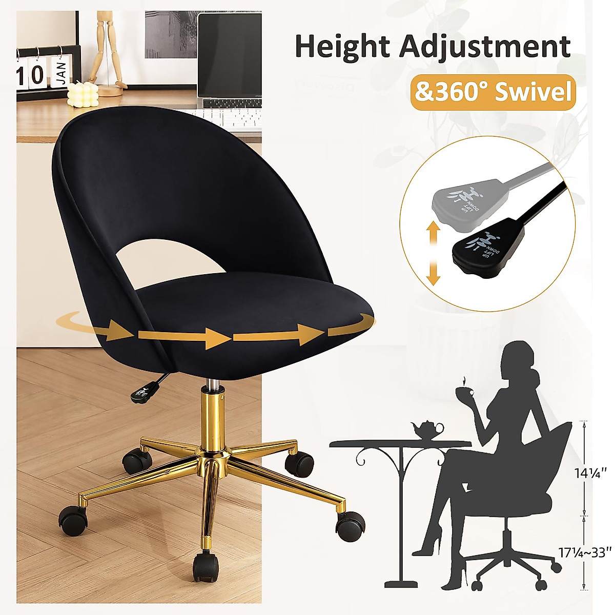 Furniliving Velvet Home Office Chair, Height Adjustable Swivel Vanity Chair with Wheels, Upholstered Desk Task Makeup Chair Computer Chair with Gold Metal Base Stool Chairs (Black)