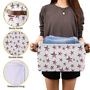 senya Fourth of July Basket American Independence Day Storage Box July 4th, USA Flag Stars Fabric Storage Bin Organizer Bag with Handles