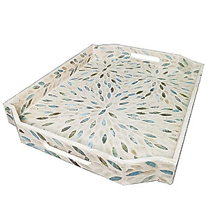 i-lan Mother of Pearl Inlay Serving Tray for Cocktail Ottoman,Coffee Table,Large Polygon Rustic Wooden Decorative Serving Tray for Breakfast,Snacks,Gadgets,Vintage Handcrafted Decorative Serving Tray