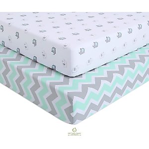 OptimaBaby Elephant Chevron Fitted Crib Sheets, Green, 2 Count