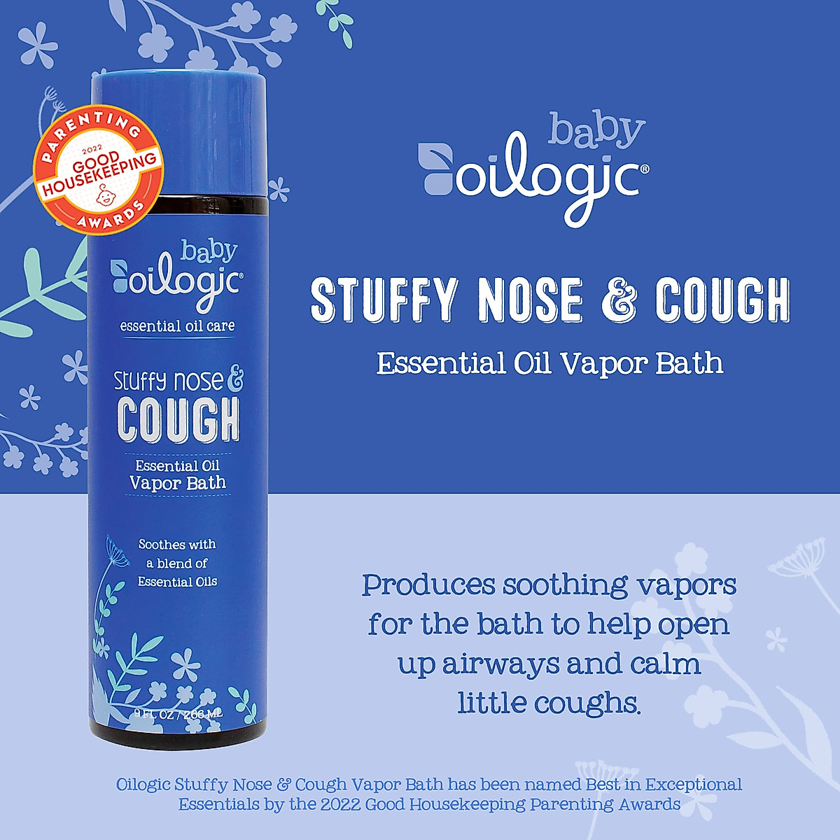 Oilogic Stuffy Nose and Cough Vapor Bath Relief for Babies & Toddlers, Essential Oil Breathe Blend - Naturally Soothes with 100% Pure Lavandin, Orange, Eucalyptus Oil & More - 266ml (9 fl oz)