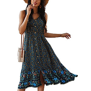 TEMOFON Women Dress Summer Sleeveless Bohemian Floral V Neck Button Down Flowy Boho Dresses 2025 Navy Blue XL