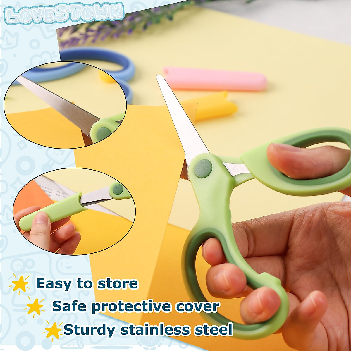 LovesTown 4 Pairs Kid Scissors with Cover, Blunt Tip Scissors Craft Scissors for School DIY Projects